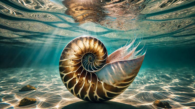 Nautilus Shell in Shallow Water, with Ripples and Reflections Stock ...