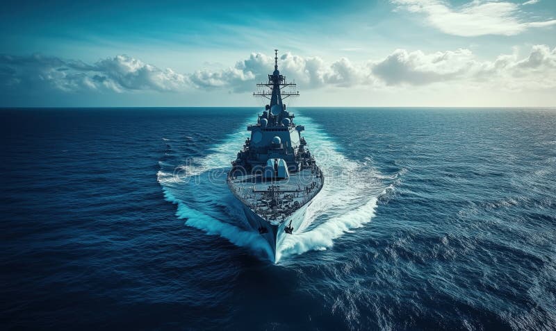 Naval Destroyer Sailing through Open Ocean Under Dramatic Sky Stock ...