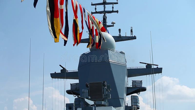 Naval Warship at Sea with Smoke Emanating from Tower in Misty Weather ...