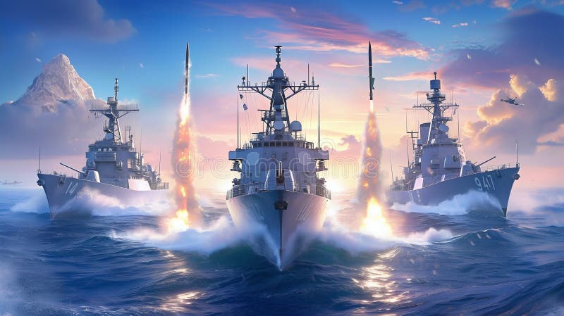 Naval Fleet Engaged in Missile Launch Operations. Generative Ai Stock ...