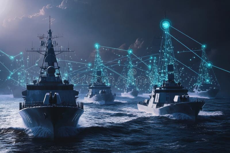 Naval Fleet Engaging in Advanced Digital Operations at Sea during Night ...