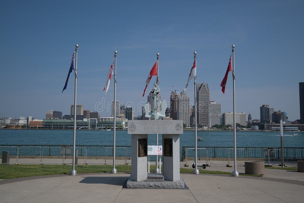 Naval Monument and Flags Facing Detroit Skyline on the Riverfront Stock ...