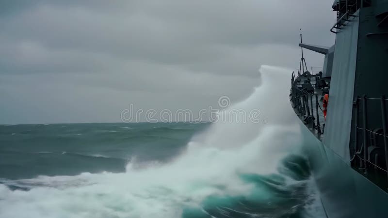 A Naval Ship Navigating through Turbulent Ocean Waves Under a Cloudy ...