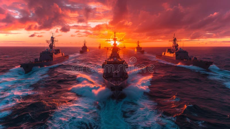 Naval Ships Navigating through Vibrant Sunset Waters in a Coordinated ...