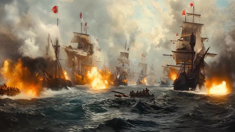 Naval Warfare Raging with Ships Exchanging Fire in the Middle of the ...