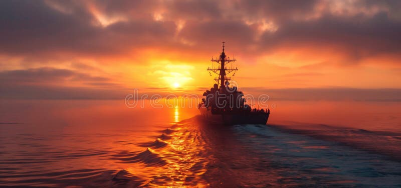 Naval Warship Sailing at Sunset with Dramatic Sky and Calm Sea. Stock ...