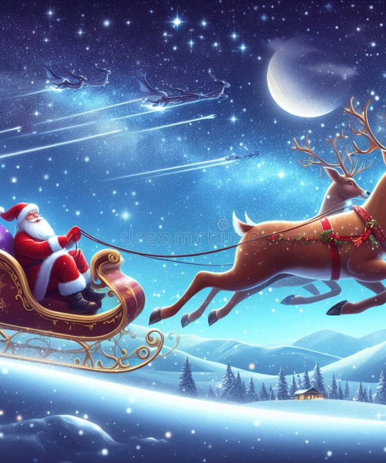 Santa Claus Flying with His Sleigh Stock Illustration - Illustration of ...