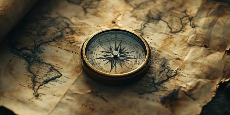 Navigate the Unknown, Compass Points on Aged Map with Discovery Theme Stock Illustration ...