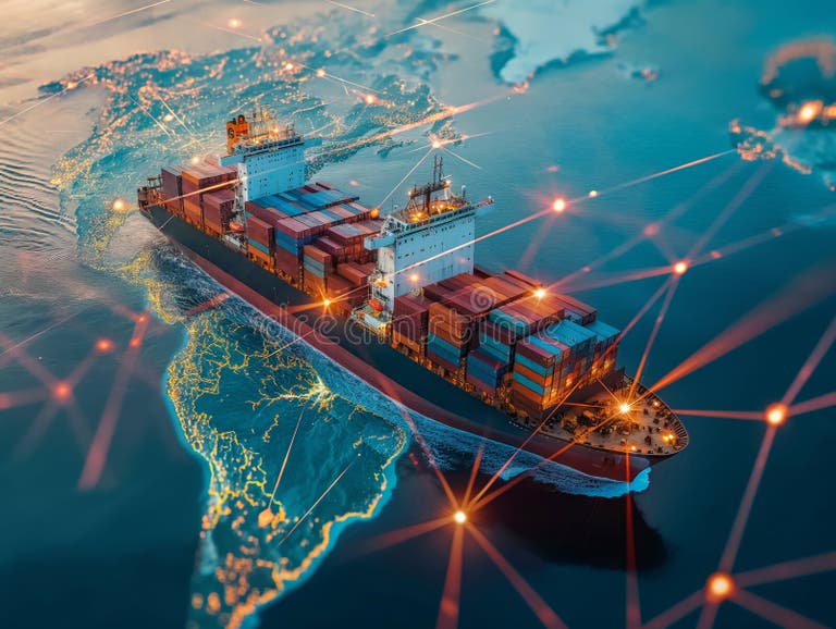 Navigating the Digital Seas: High-Tech Container Ship at Night Stock ...