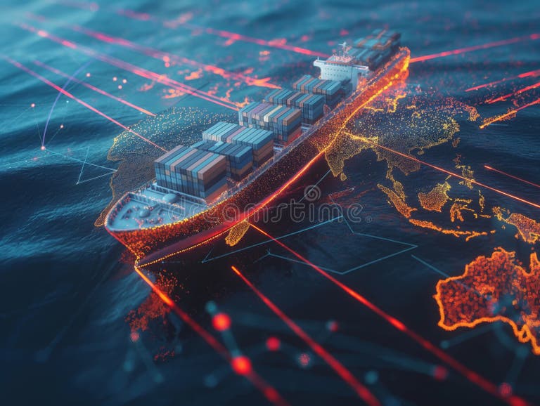 Navigating the Digital Seas: High-Tech Container Ship at Night Stock ...