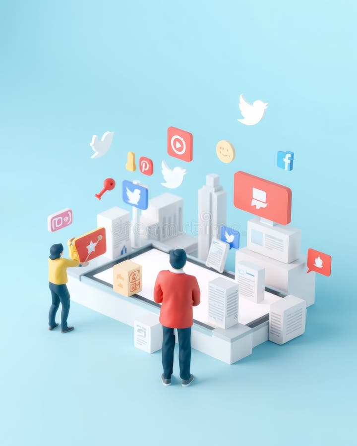 Navigating the Digital Sphere: Two Figures Interact with an Online ...