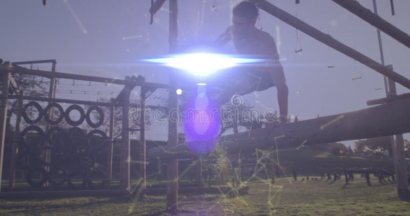 Navigating Obstacle Course, Man with Digital Network Animation Overlay ...