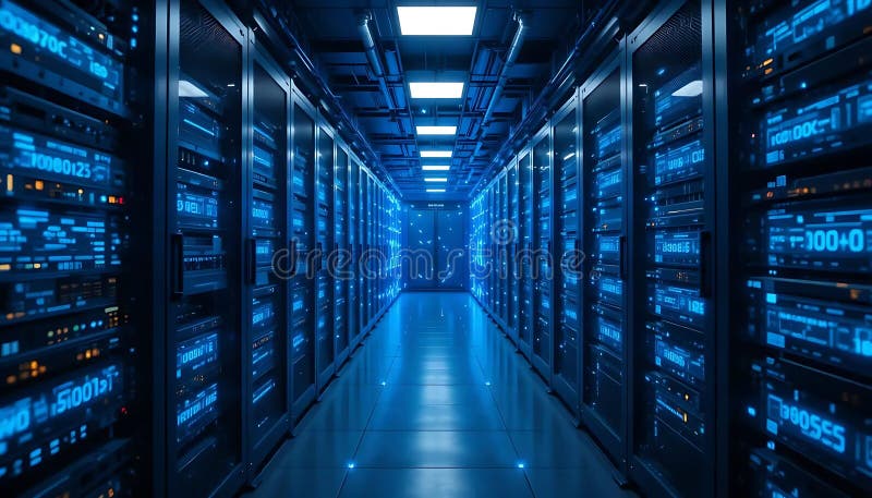 Navigating the Server Room Data Center with Rows of Blue Lights Stock ...