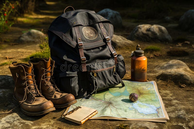 Navigating Uncharted Territories with Backpack, Touristic Boots, Map ...
