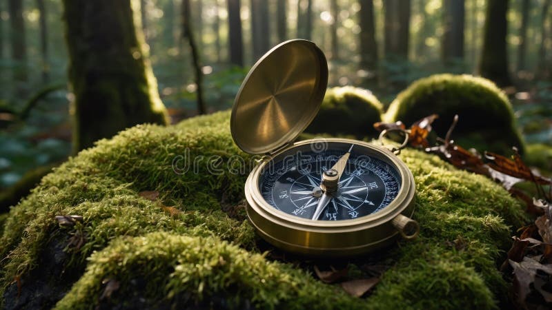 Navigation Compass on Moss Symbolizing Exploration and Adventure Stock ...