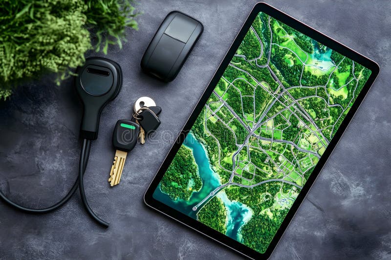 Navigation Concept with Digital Tablet Displaying Map, Car Keys ...