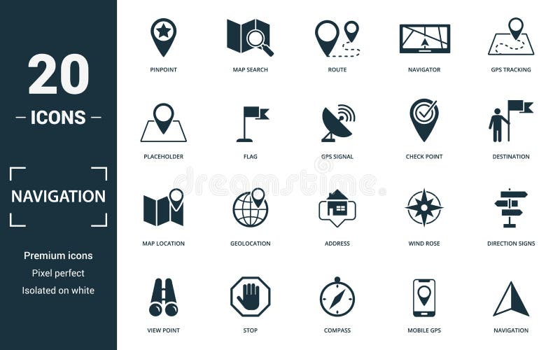 Navigation Icon Set. Collection of Simple Elements Such As the Pinpoint ...