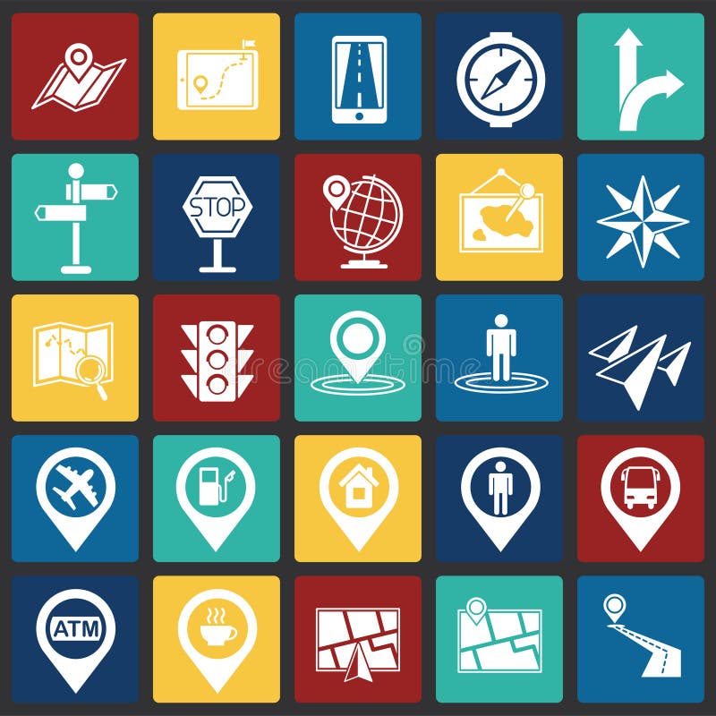 Navigation Icon Set on Color Squares Back Background for Graphic and ...