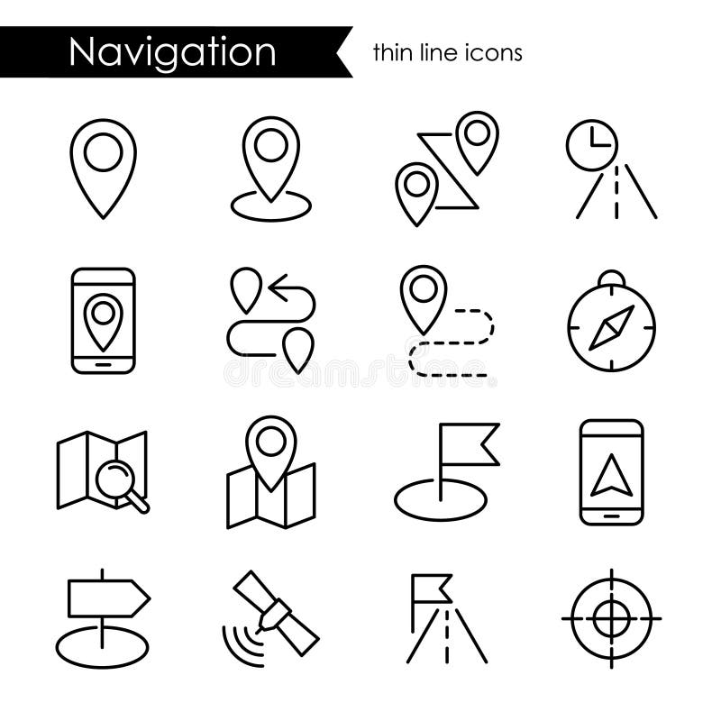 Navigation Icon Set, Thin Line Stroke, Route Map Stock Vector ...