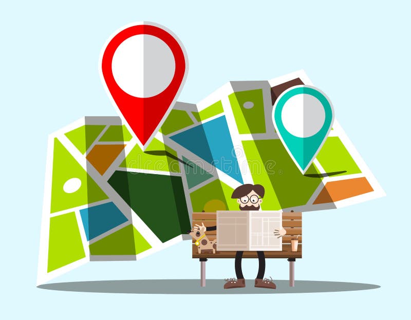 Navigation Map with Pins and Man on Bench Stock Vector - Illustration ...