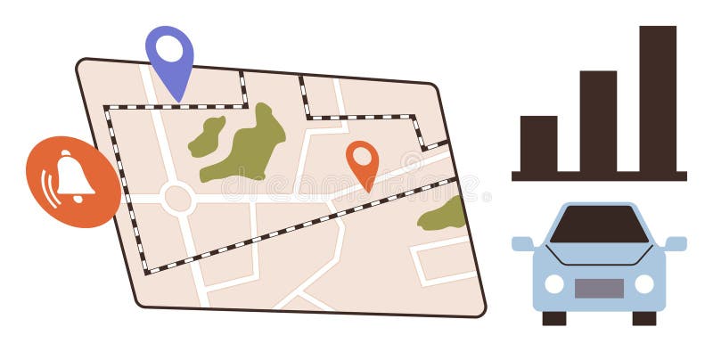 Navigation Map with Route Pins, Car, and Data Insights Chart for Driving and Trip Analytics ...