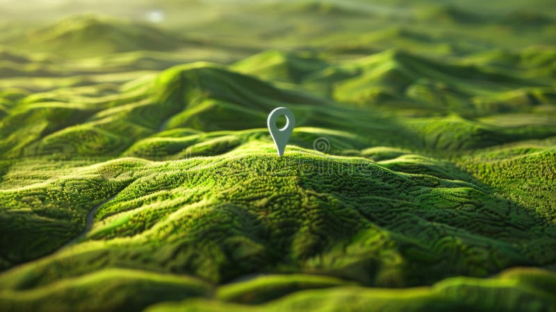 Navigation Pin on a Lush Green Hilly Terrain Stock Photo - Image of ...
