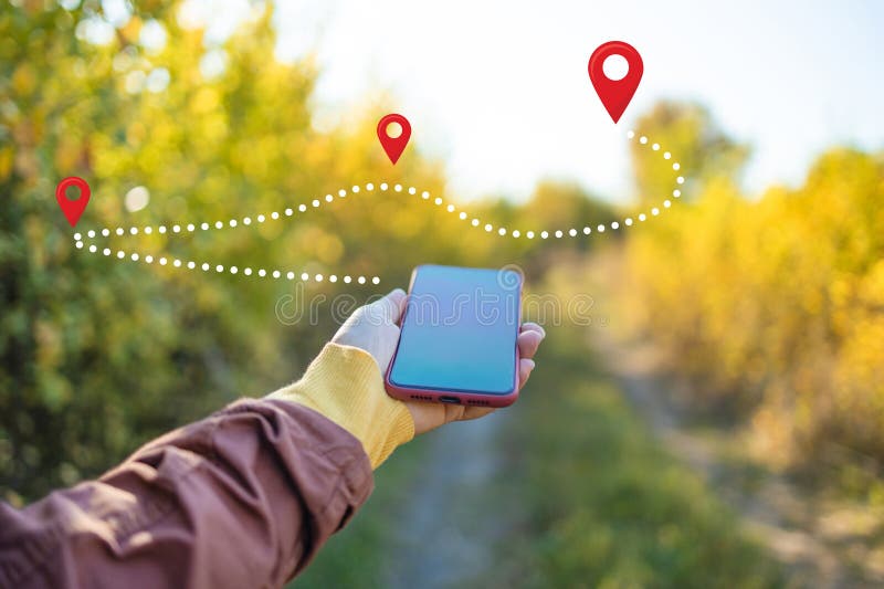 Navigation Smartphone Pathway. Woman Standing in Middle of Forest ...