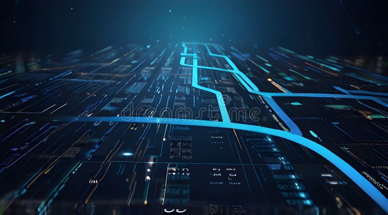 Navigation System Route with Panoramic City Background in Digital ...