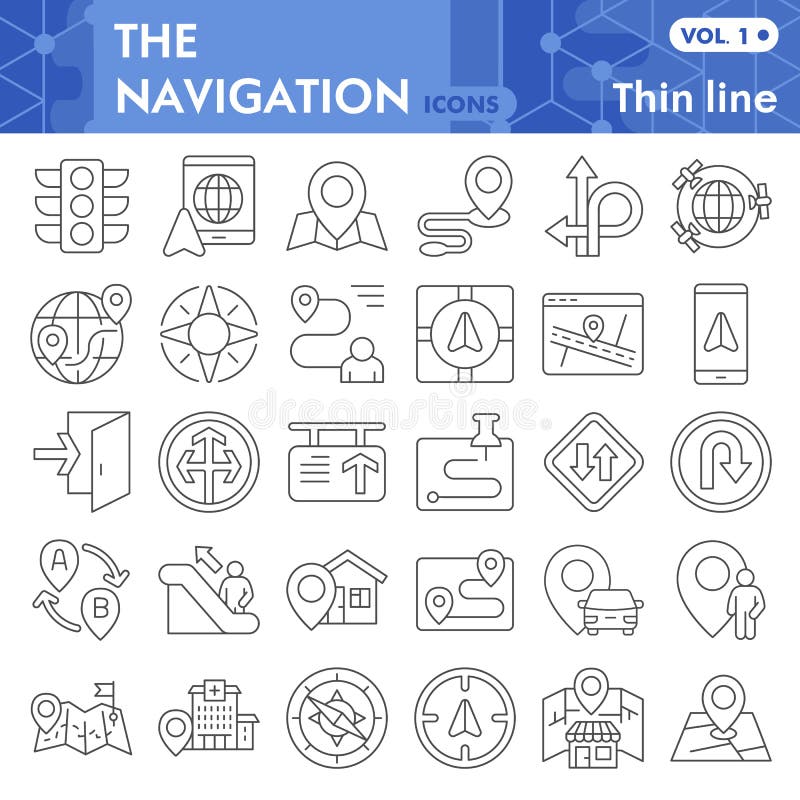 Navigation Thin Line Icon Set, Direction Symbols Collection or Sketches ...