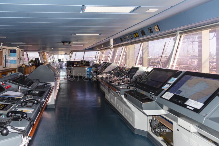 View of the Control Console on the Navigational Bridge of the Cargo ...