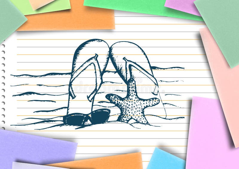 Navy Beach Doodle on Notepad Surrounded by Sticky Notes Stock ...