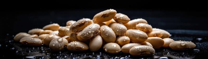 Navy Beans with Droplets Standing on Black Background Wide Panoramic ...