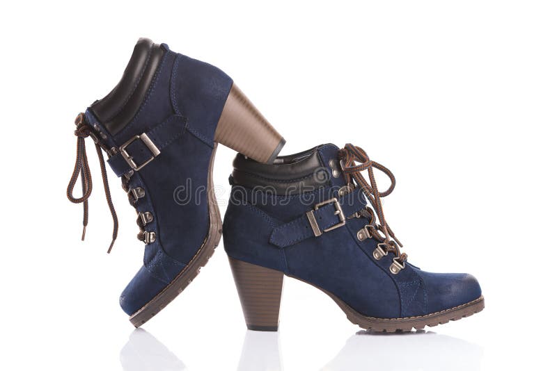 Navy Blue Ankle Boots with Chunky Heels Stock Photo - Image of lace ...