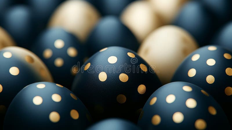 Navy Blue and Beige Easter Eggs with Gold Polka Dot Pattern on Dark ...