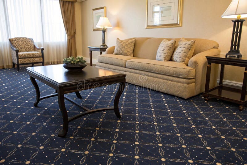 Navy Blue Carpet in Living Room with Beige Couch Stock Photo - Image of ...