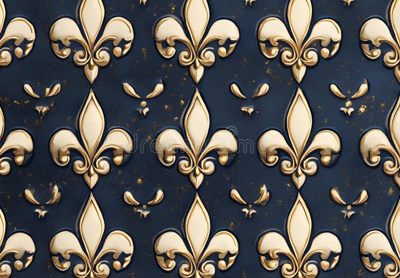 Navy Blue & Cream Fleur-de-lis Pattern with Gold Accents Stock Illustration - Illustration of ...