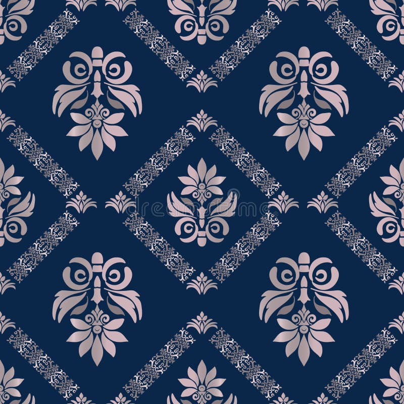 Navy Blue Diamond Damask Pattern with Rose Gold Elements Stock ...