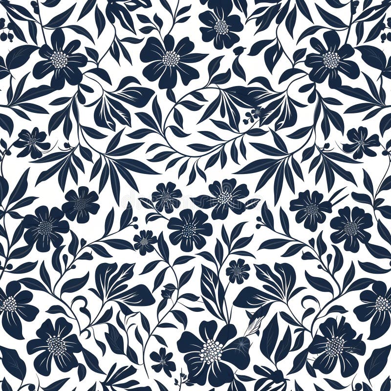 Navy Blue Floral Pattern on White Background Stock Illustration ...