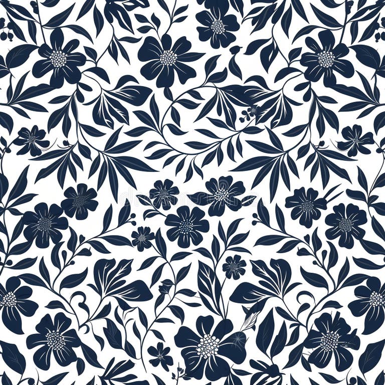 Navy Blue Floral Pattern on White Background Stock Illustration ...