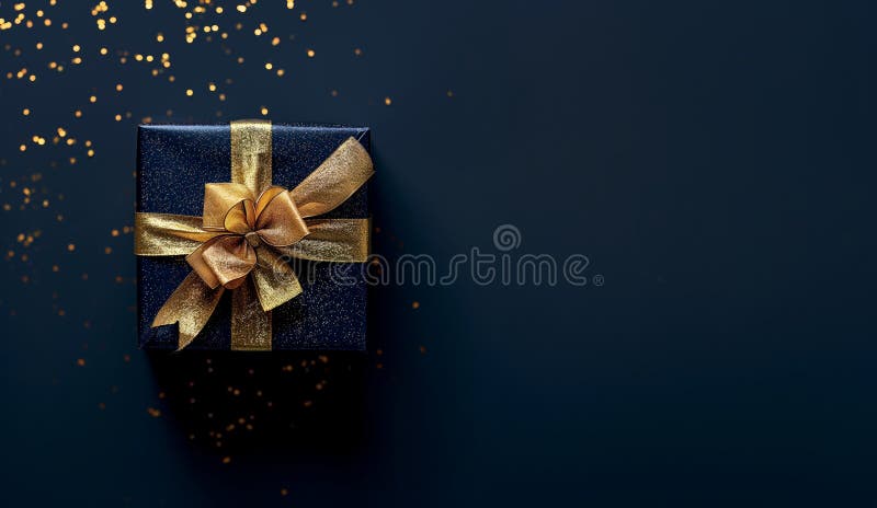 Navy Blue Gift Box with Gold Ribbon and Bow, on Dark Blue Background ...