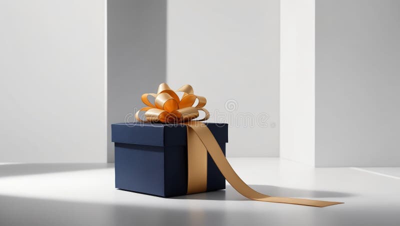 Navy Blue Gift Box with Golden Ribbon Bow on Black Background. Stock ...