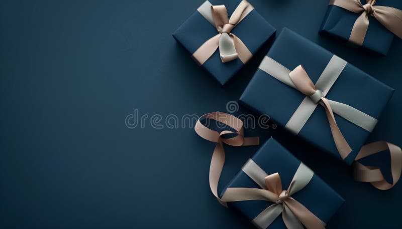 Navy Blue Gift Boxes Tied with Beige Ribbon on a Navy Blue Background ...