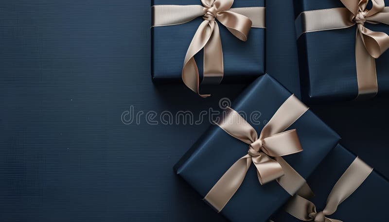 Navy Blue Gift Boxes Tied with Beige Ribbon on a Navy Blue Background ...