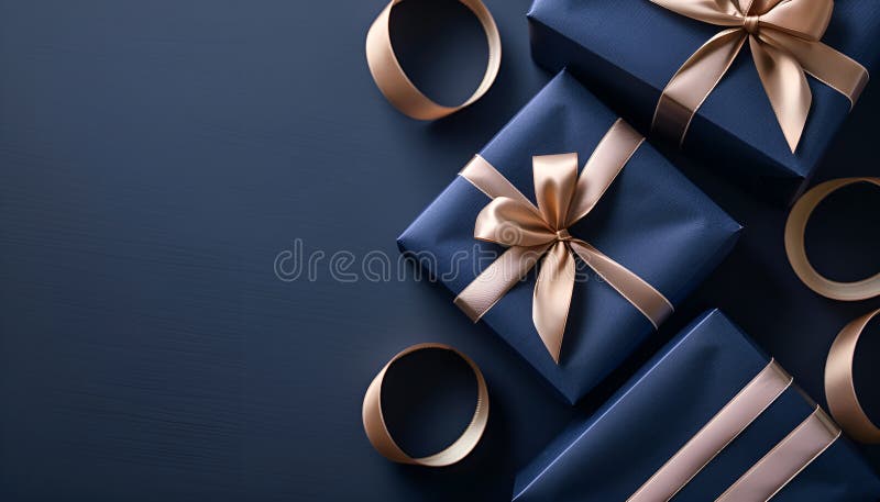 Navy Blue Gift Boxes Tied with Beige Ribbon on a Navy Blue Background ...