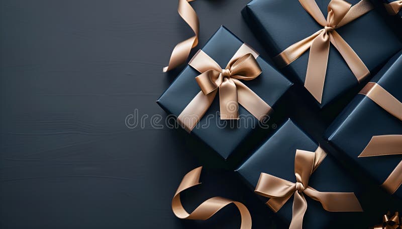 Navy Blue Gift Boxes Tied with Beige Ribbon on a Navy Blue Background ...