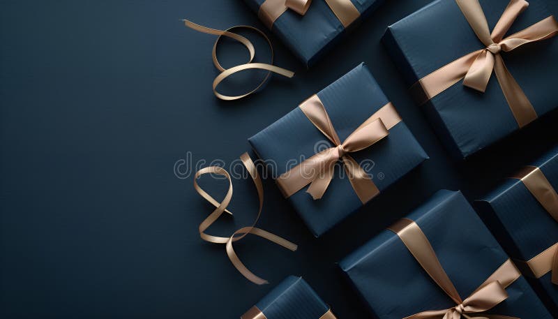 Navy Blue Gift Boxes Tied with Beige Ribbon on a Navy Blue Background ...