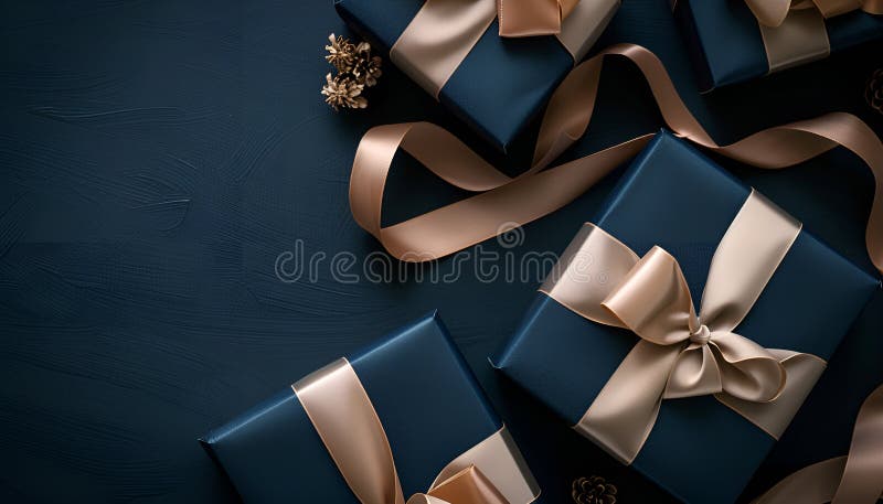 Navy Blue Gift Boxes Tied with Beige Ribbon on a Navy Blue Background ...