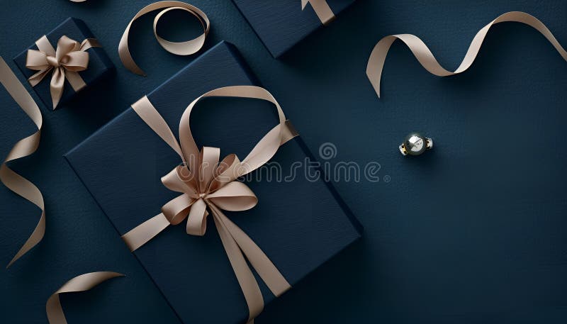 Navy Blue Gift Boxes Tied with Beige Ribbon on a Navy Blue Background ...