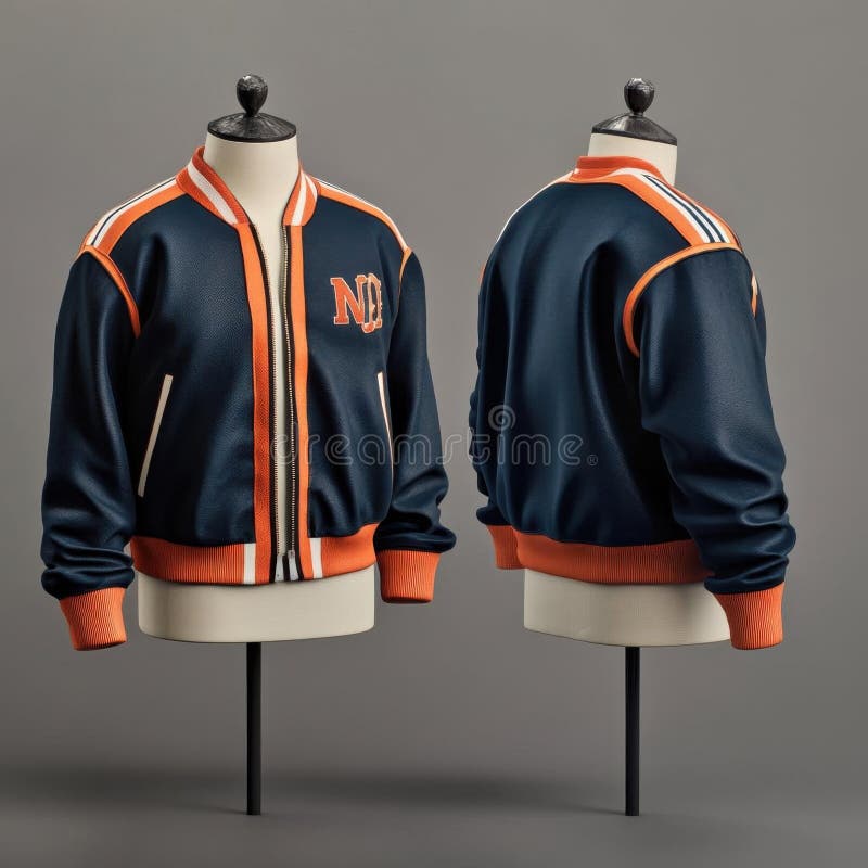 Navy Blue and Orange Striped Bomber Jacket with White Piping Stock ...