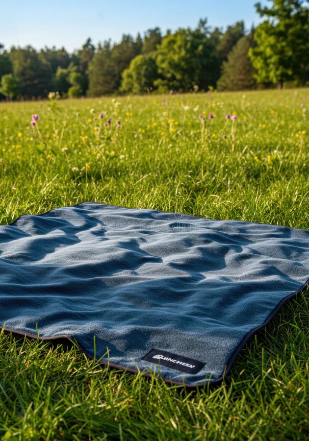 Navy Blue Quick Dry Beach Blanket on Green Grass Field Stock ...